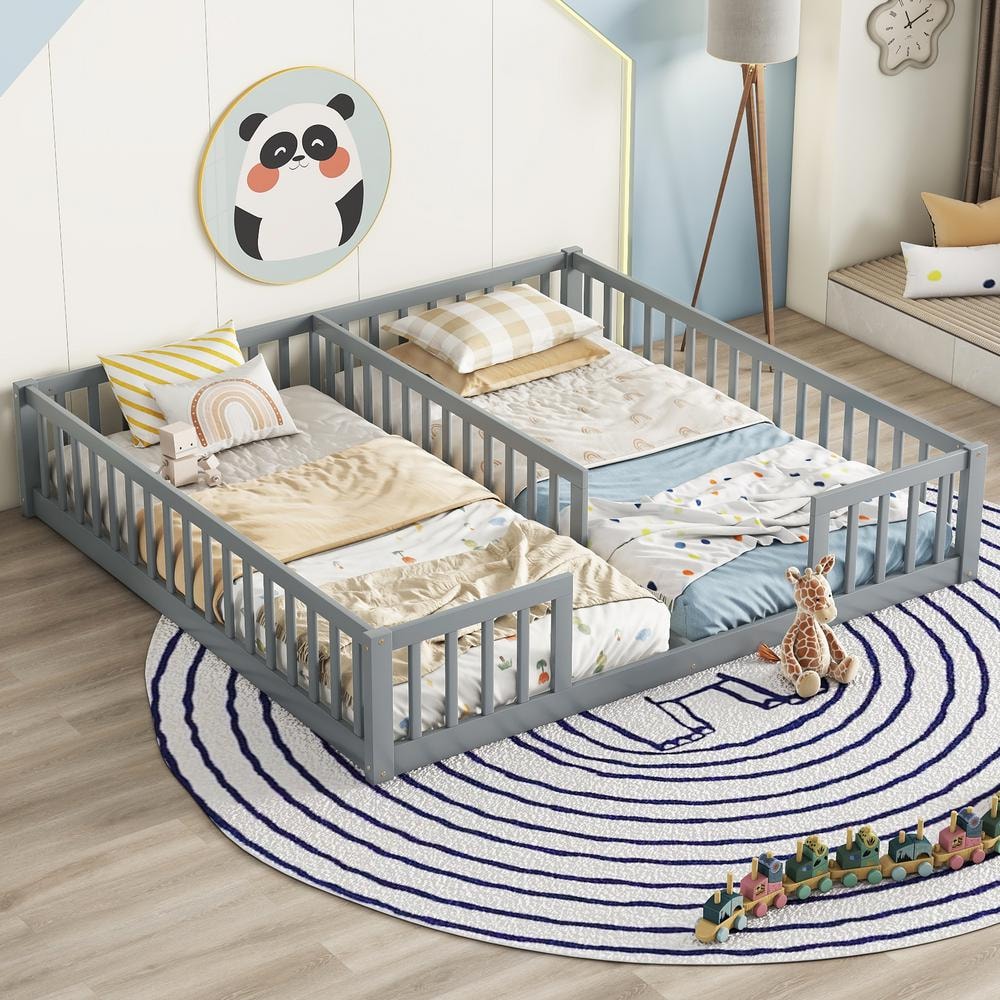Harper & Bright Designs Gray Twin Size Wood Frame Double Kid Bed with ...