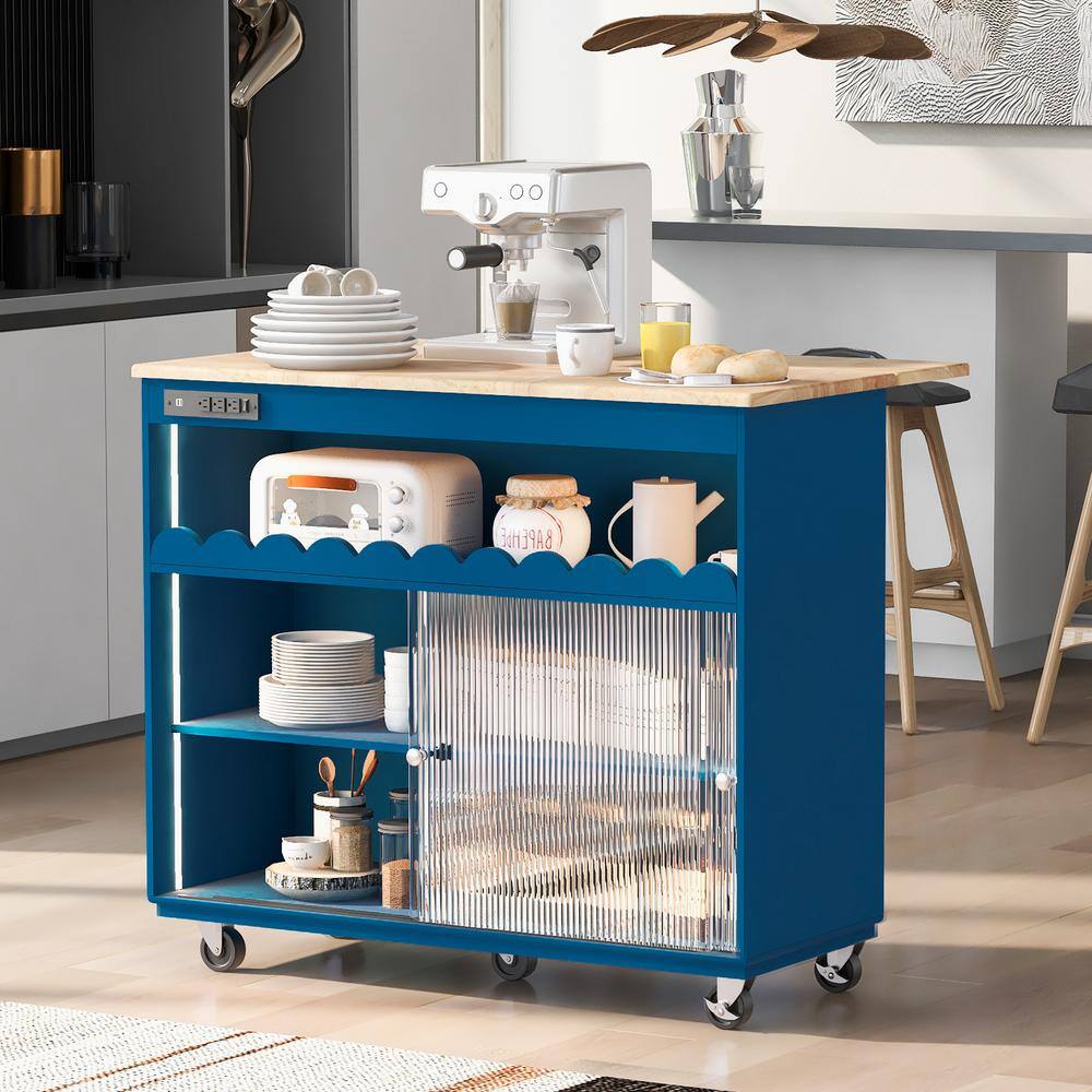 Blue Rubber Wood Drop-Leaf Countertop 44 in. Kitchen Island on 5-Wheels ...