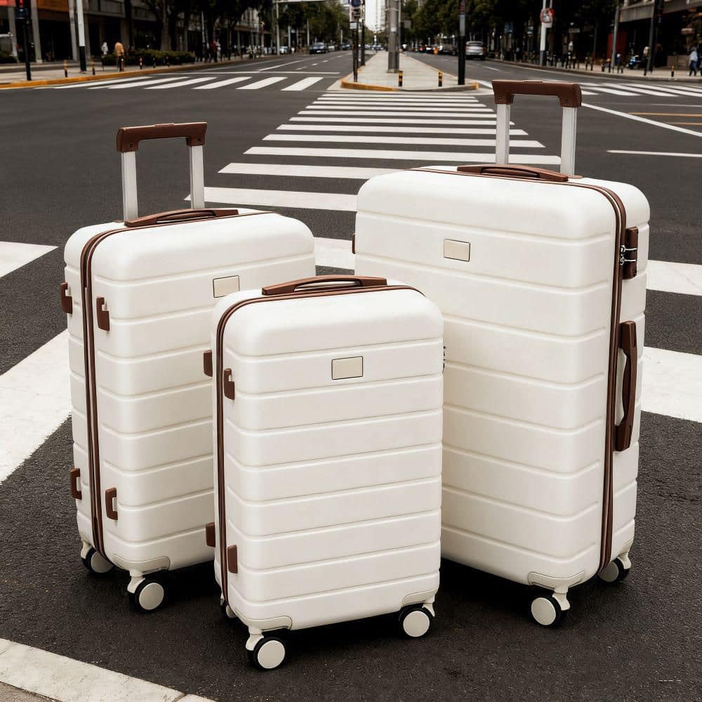 Merax 3 Bags 3-Piece Ivory and Brown ABS Hardshell Spinner Luggage Set ...