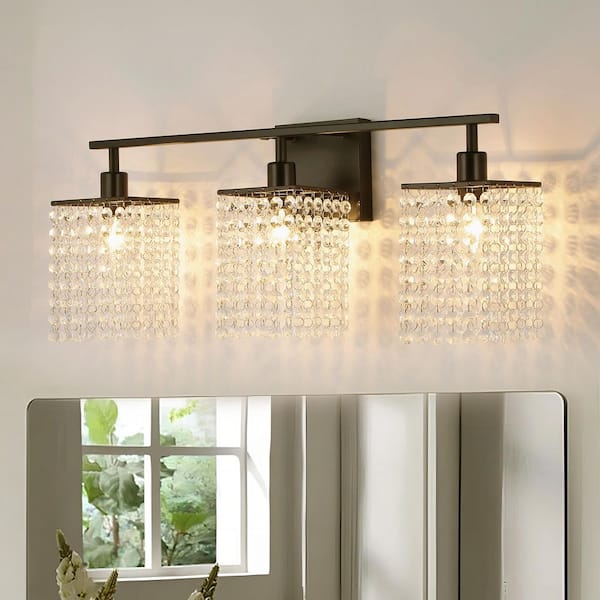 Rennnsan Aaliyah Contemporary 24 in. W Glam Black 3-Light Square Crystal Vanity Light with ...