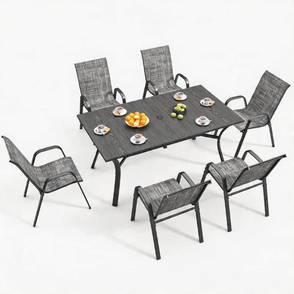Black 7‑Piece Rectangle Metal Outdoor Dining Set in Gray with Umbrella ...