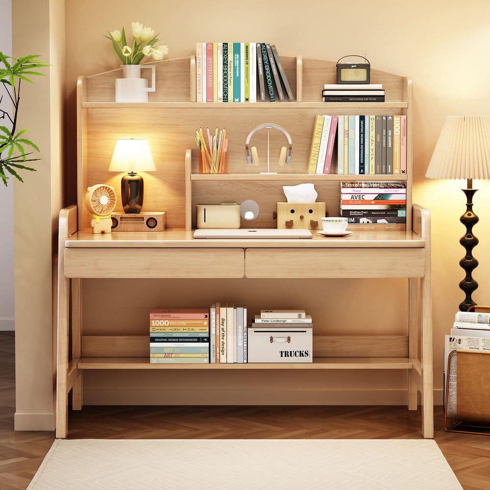 B BALANBO Beige Kids Study Desk with Storage, Wooden Children's ...