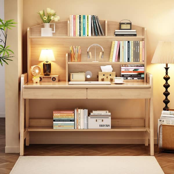 B BALANBO Beige Kids Study Desk with Storage, Wooden Children's ...
