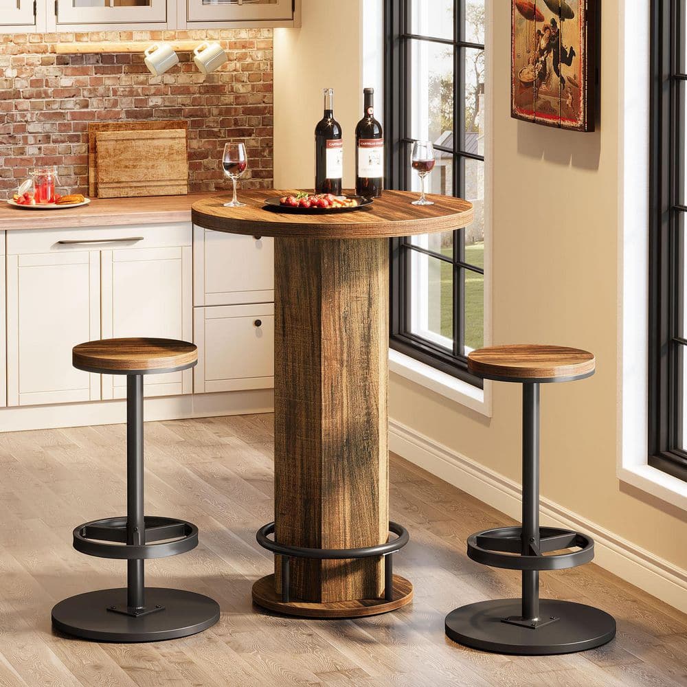 BYBLIGHT Kearsten Brown 3 Piece Round Wood Bar Table Set with 2 ...