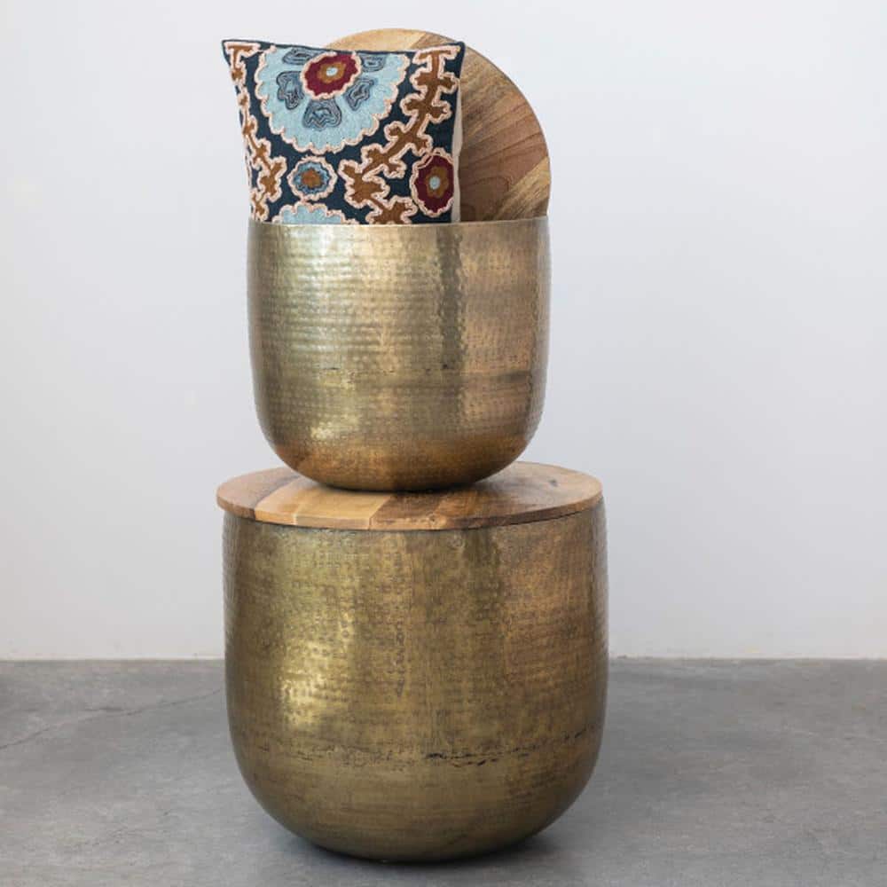 Storied Home 20 in. Gold and Natural Round Wood Nesting End Table (Set ...