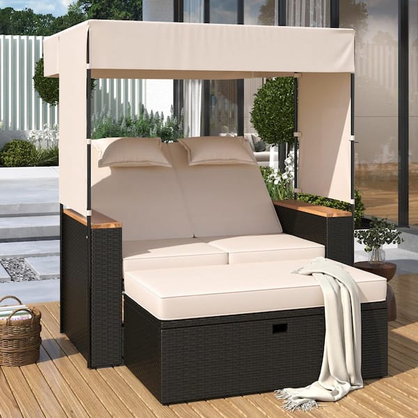 Coporesell Beige Wicker Outdoor Day Bed with Beige Cushions ...