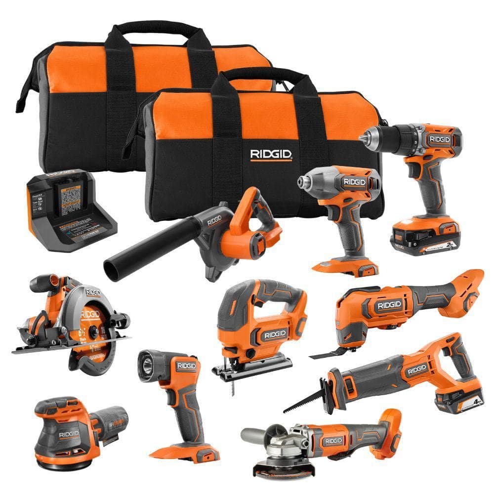 RIDGID 18V Cordless 10-Tool Combo Kit with 2.0 Ah Battery, 4.0 Ah ...