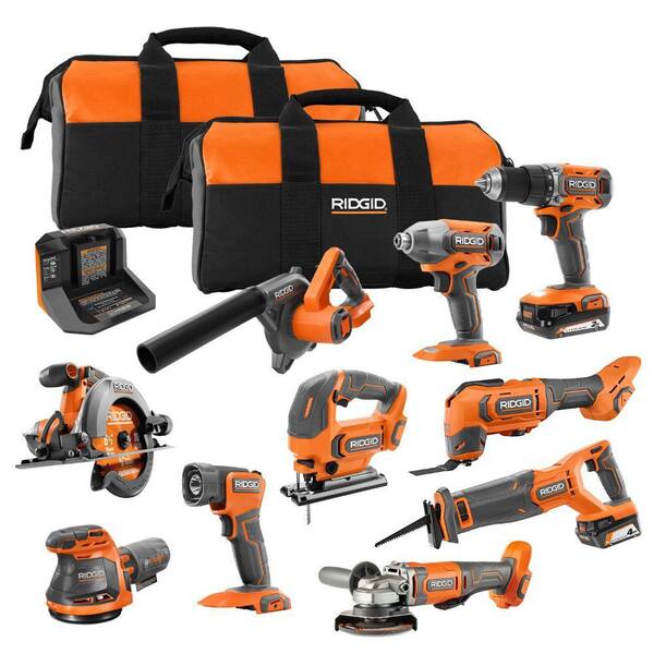 RIDGID 18V Cordless 10-Tool Combo Kit with 2.0 Ah Battery, 4.0 Ah ...