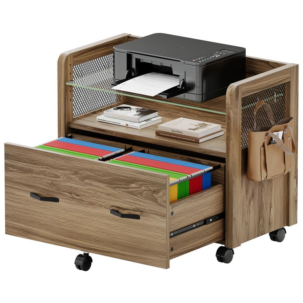 Bestier Single Drawer Natural Engineered Wood 29.8 in. Rolling Lateral ...