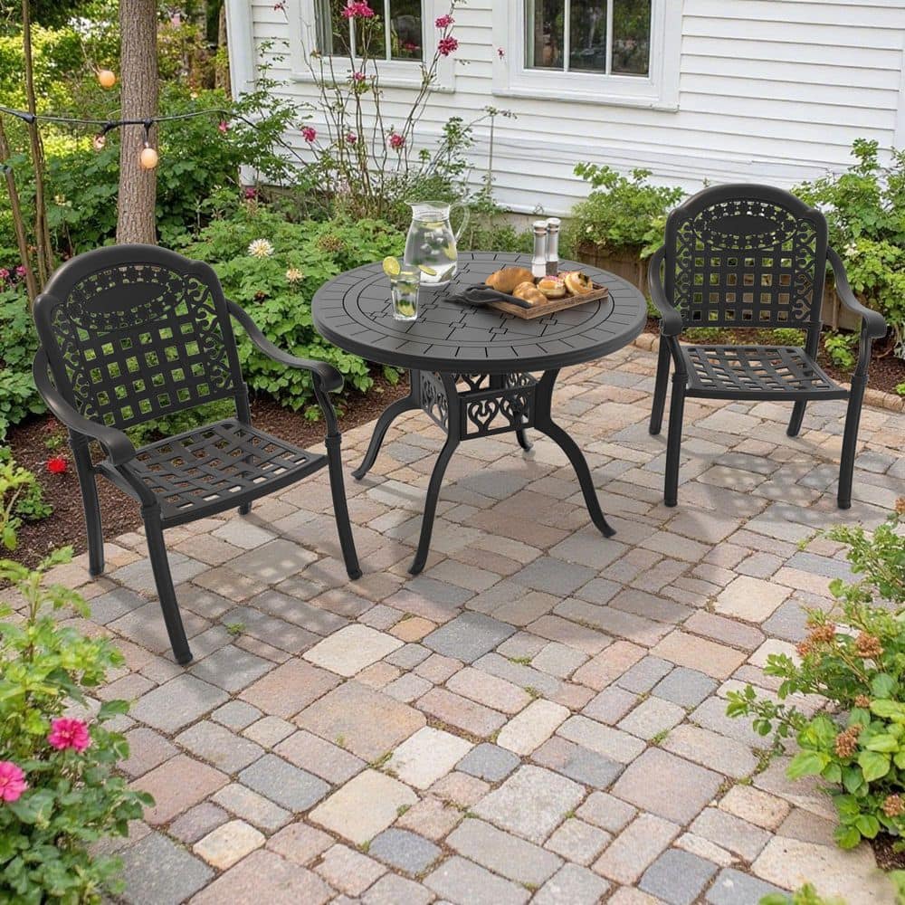 3-Piece Black Cast Aluminum Outdoor Dining Set with Blue Cushions CZH-122.49 - The Home Depot