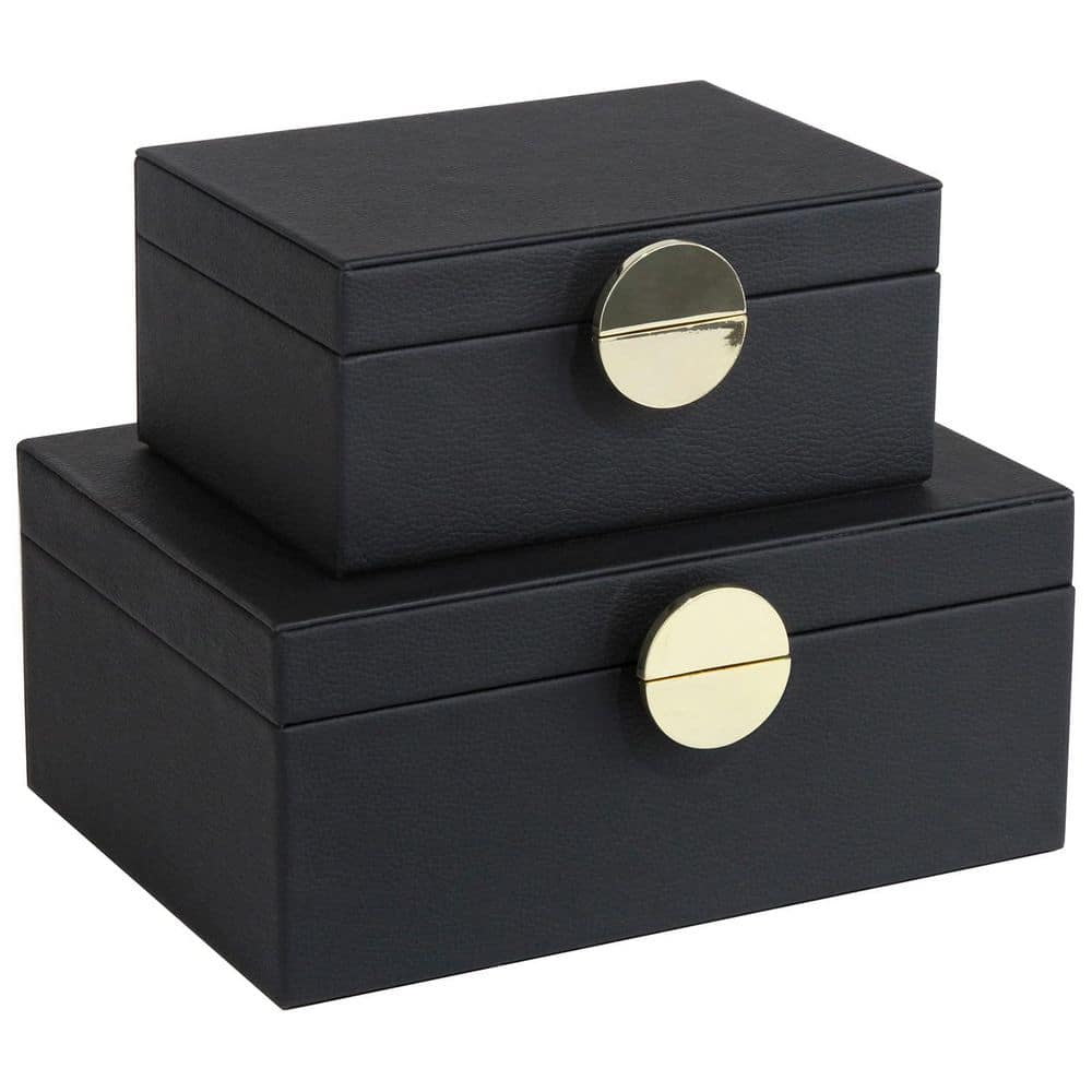 Afoxsos Black 9 in. x 3.9 in. Faux Leather Decorative Boxes Set of 2 ...