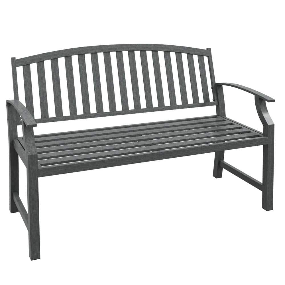 ITOPFOX 2-Person Gray Metal Outdoor Bench Wood Look Slatted Frame ...