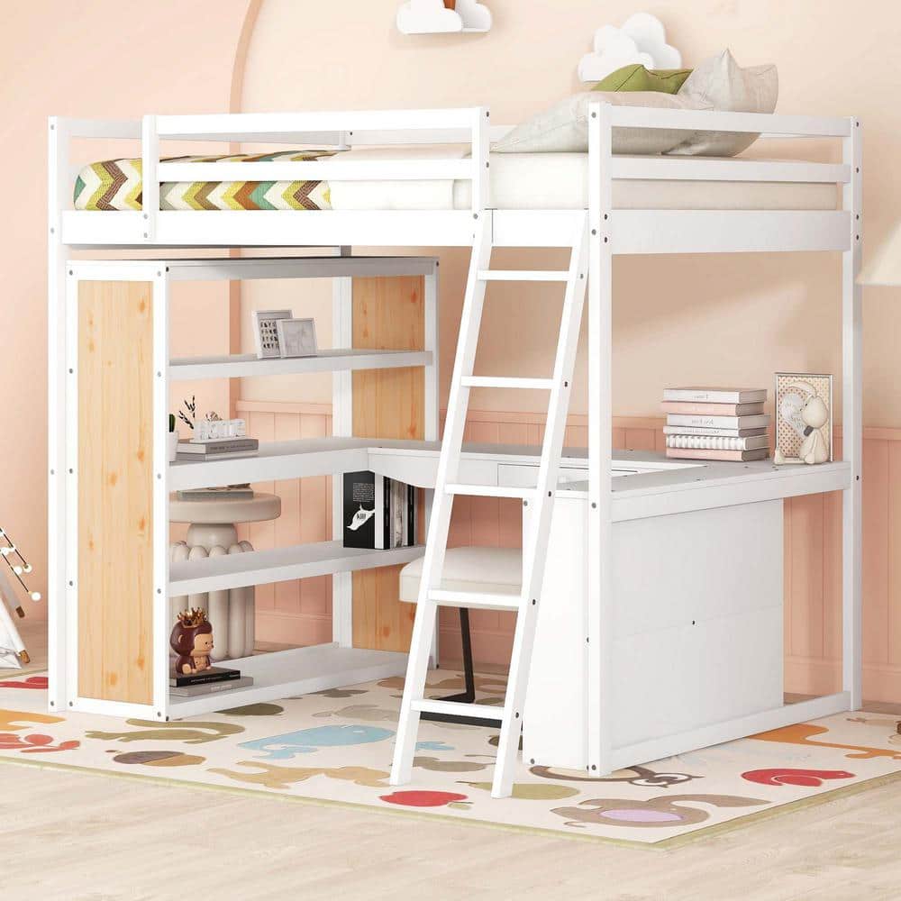 Polibi Full Size Loft Bed with Ladder, Shelves, and Desk, White RS-24158AAKF - The Home Depot