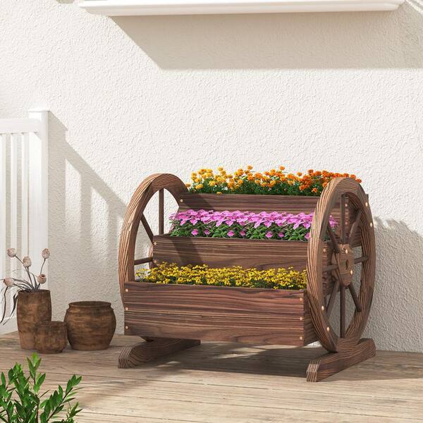 Sizzim 3-Tier Wooden Wagon Planter Box, Decorative Wood Planters with ...