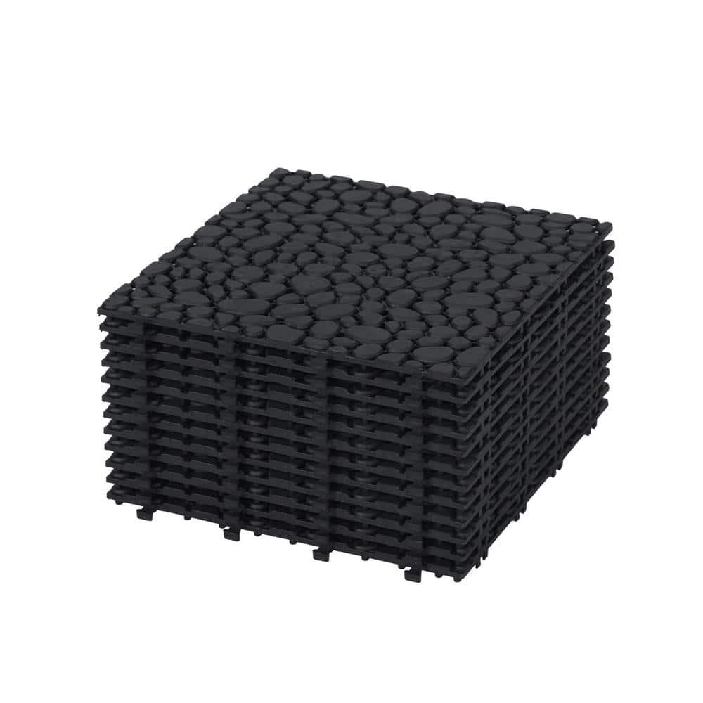 Otryad 12 in. Black Plastic Interlocking Deck Tiles, Pebble Stone ...