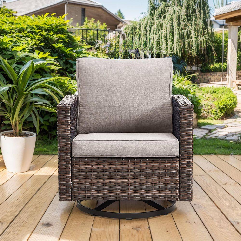 moosprr U-Frame Brown Wicker Outdoor Lounge Chair with Beige Cushion ...