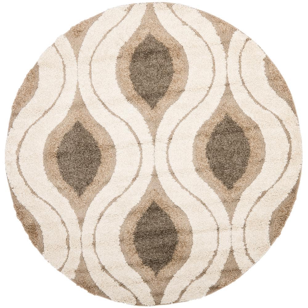 SAFAVIEH Florida Shag Cream/Smoke 5 ft. x 5 ft. Round Geometric Area ...