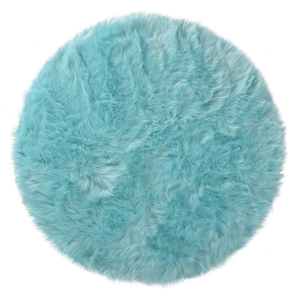 Latepis Sheepskin Faux Furry Light Blue Cozy Rugs 4 ft. x 4 ft. Round ...
