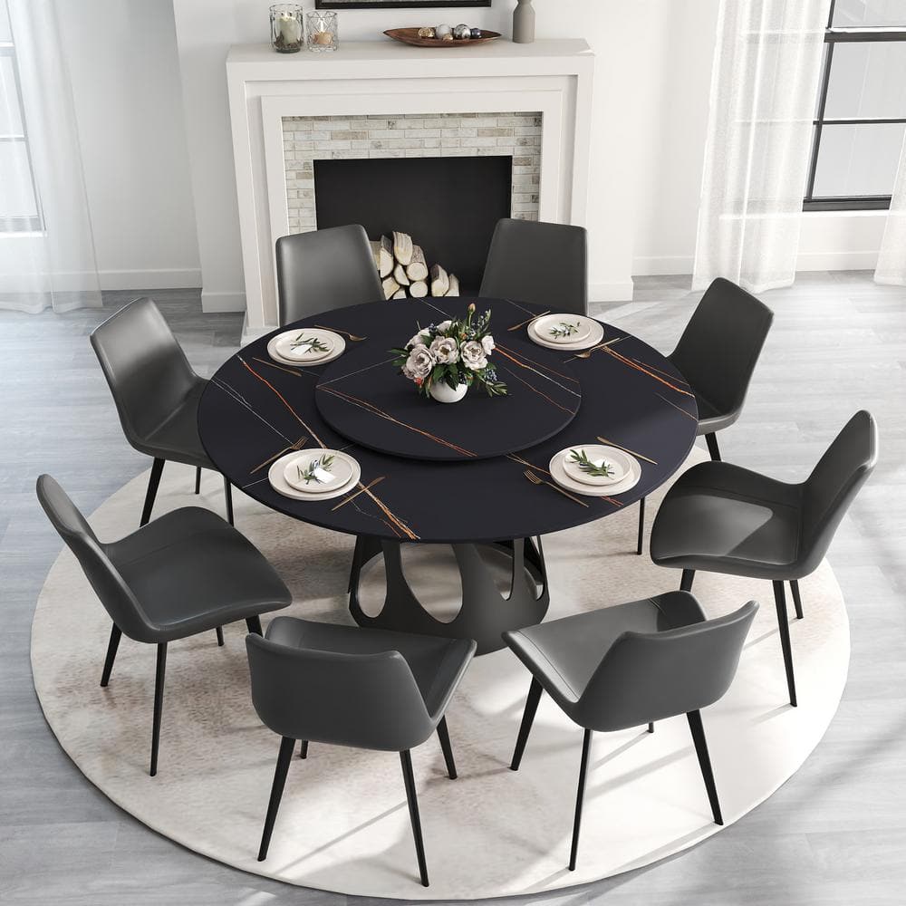Magic Home 59 in. Black Lazy Susan Sintered Stone Tabletop with Black Pedestal Base Dining Table ...