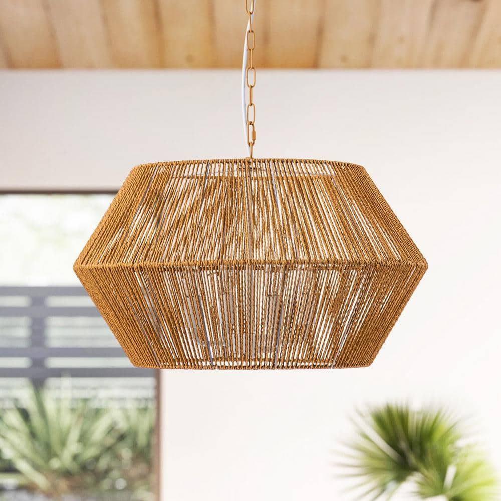 RRTYO Hiller 4-Light Brown Modern Rhombus Chandelier with Hemp Rope ...