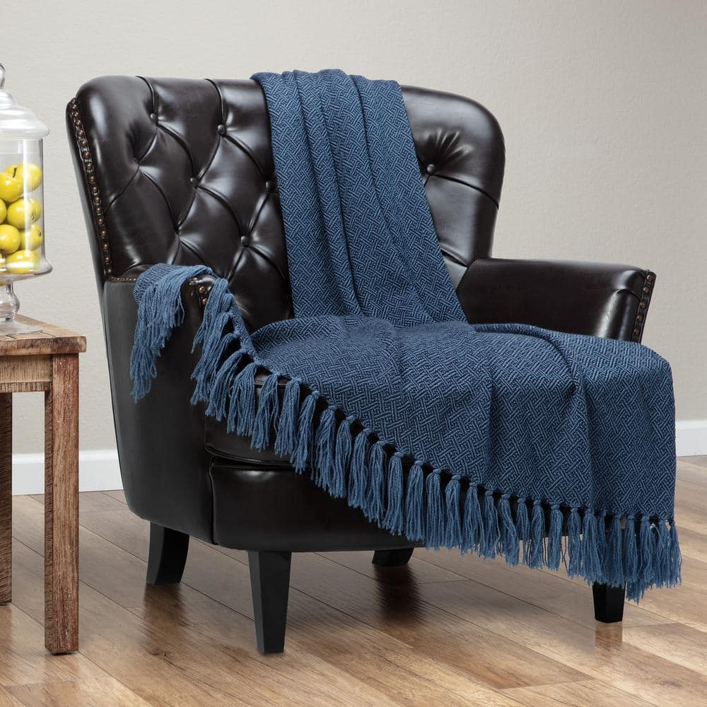 CHANASYA Maze Royal Blue Knit Acrylic Throw Blanket with Tassels, 50 x ...