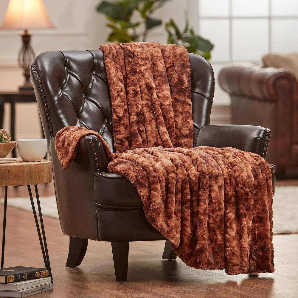 CHANASYA Wolf Cinnamon Faux Fur Polyester Double Sided Oversized Throw ...