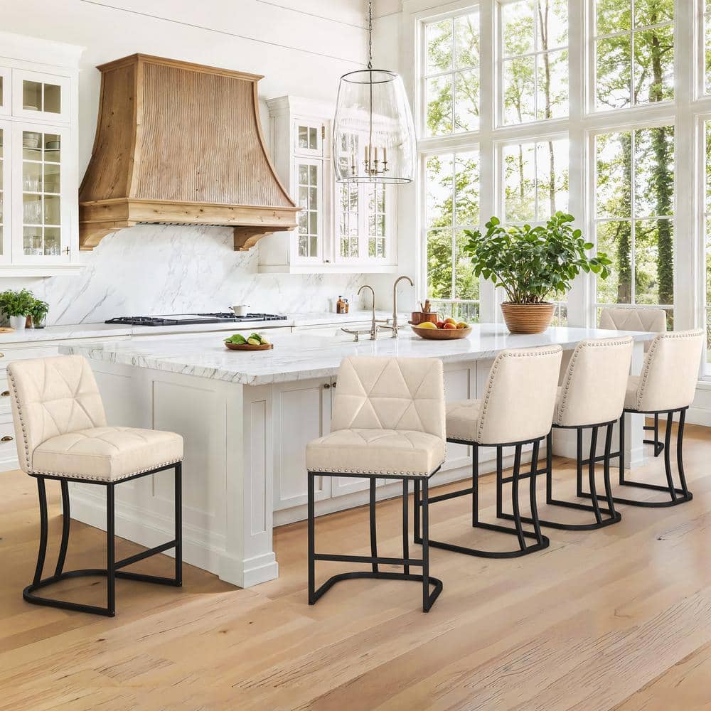 LUE BONA Apricot Gray Faux Leather Bar Stool Metal Frame Upholstered ...