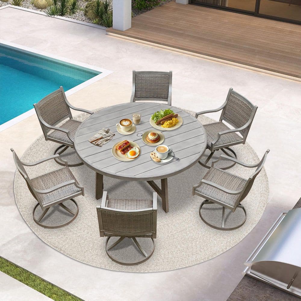 PEAK HOME FURNISHINGS Tampa 7-Piece Aluminum Outdoor Dining Set, 6 Swivel Dining Chairs and ...