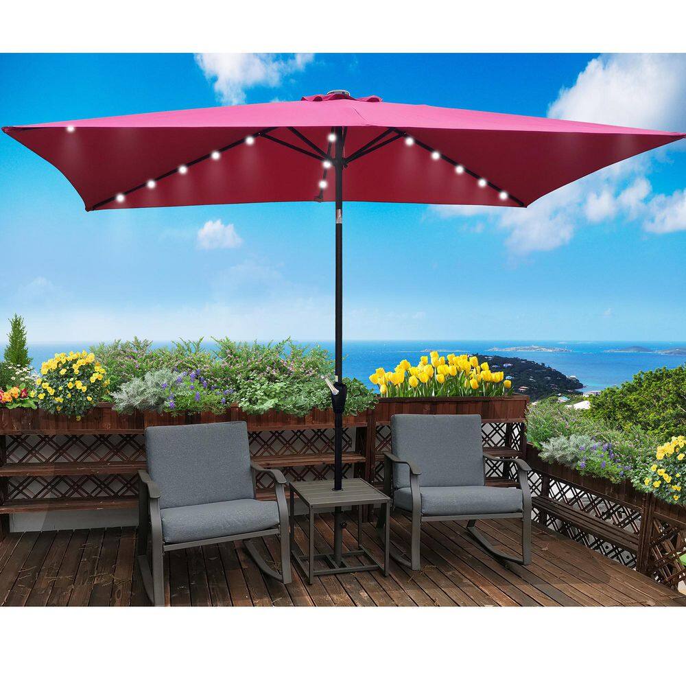 Coporesell 10 ft. Metal Patio Umbrella in Burgundy with LED Lighted and ...