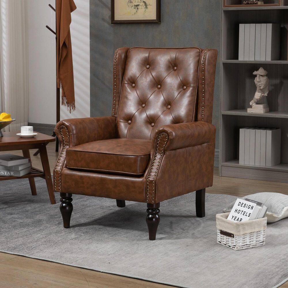 Seafuloy Brown Modern PU Leather Accent Chair, Solid Wood Frame Arm ...