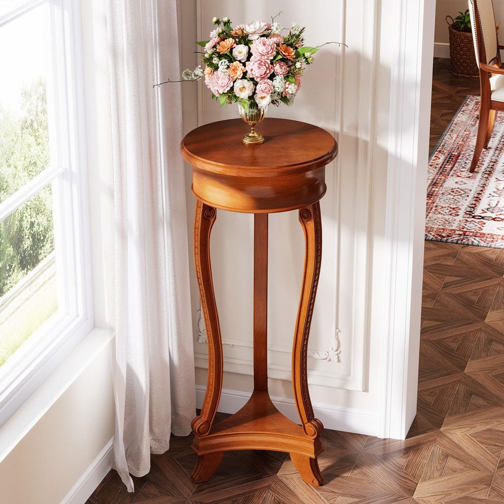 BYBLIGHT Wellston 36.02 in. Walnut 2-Tier Wood Round Plant Stand ...