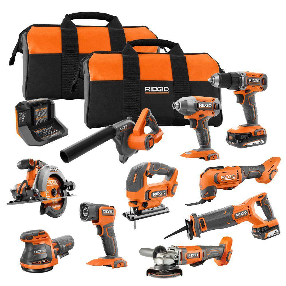 RIDGID 18V Cordless 10-Tool Combo Kit with 2.0 Ah Battery, 4.0 Ah ...