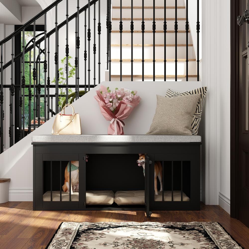 FUFU&GAGA Black Bed End Bench Dog Crate, Dog Kennel Indoor Wooden Crate ...