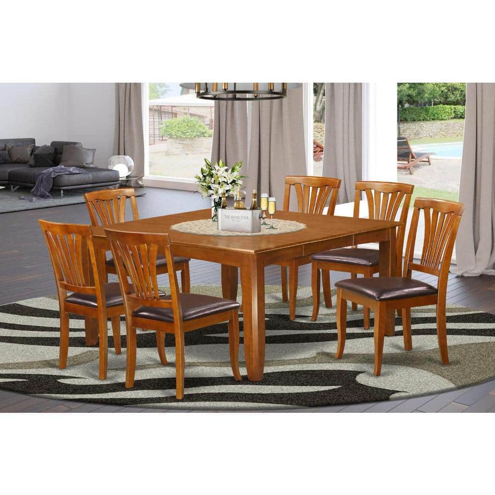 East West Furniture 7-Piece Square Saddle Brown Finish Solid Wood Top ...