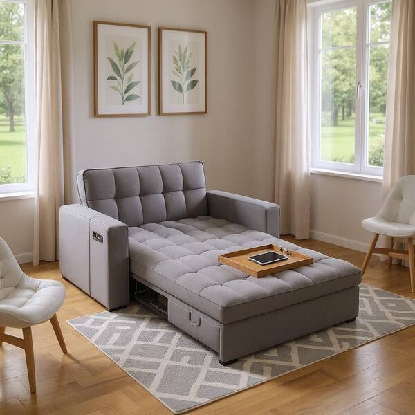 Homy Casa CSNJMX Twin Size 65 in. 3-in-1 Foldable Velvet Sofa Bed with Adjustable Backrest, USB ...