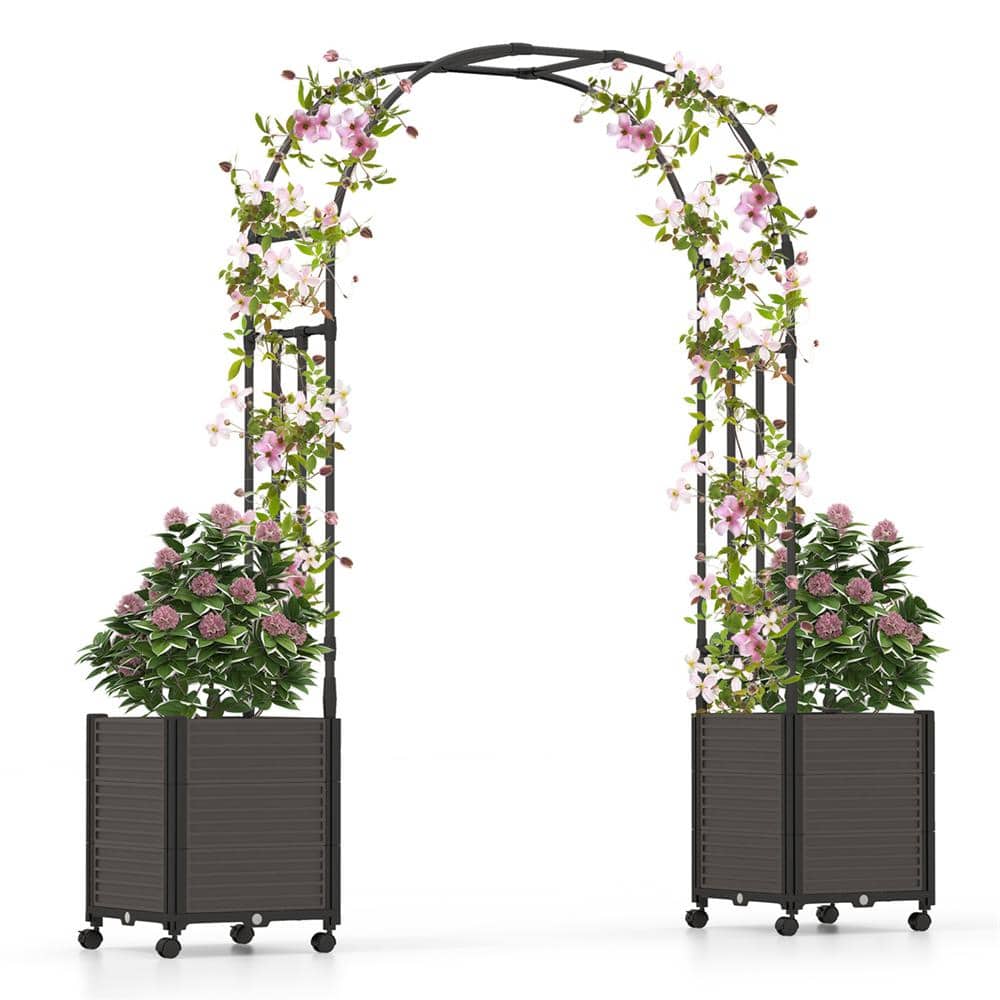 Costway 6.6 ft. Tall Metal Garden Arbor with 2 Raised Garden Planters ...