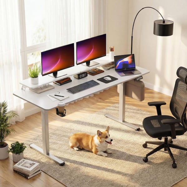 LACOO 63 in. Rectangular White Electric Standing Desk with Monitor ...