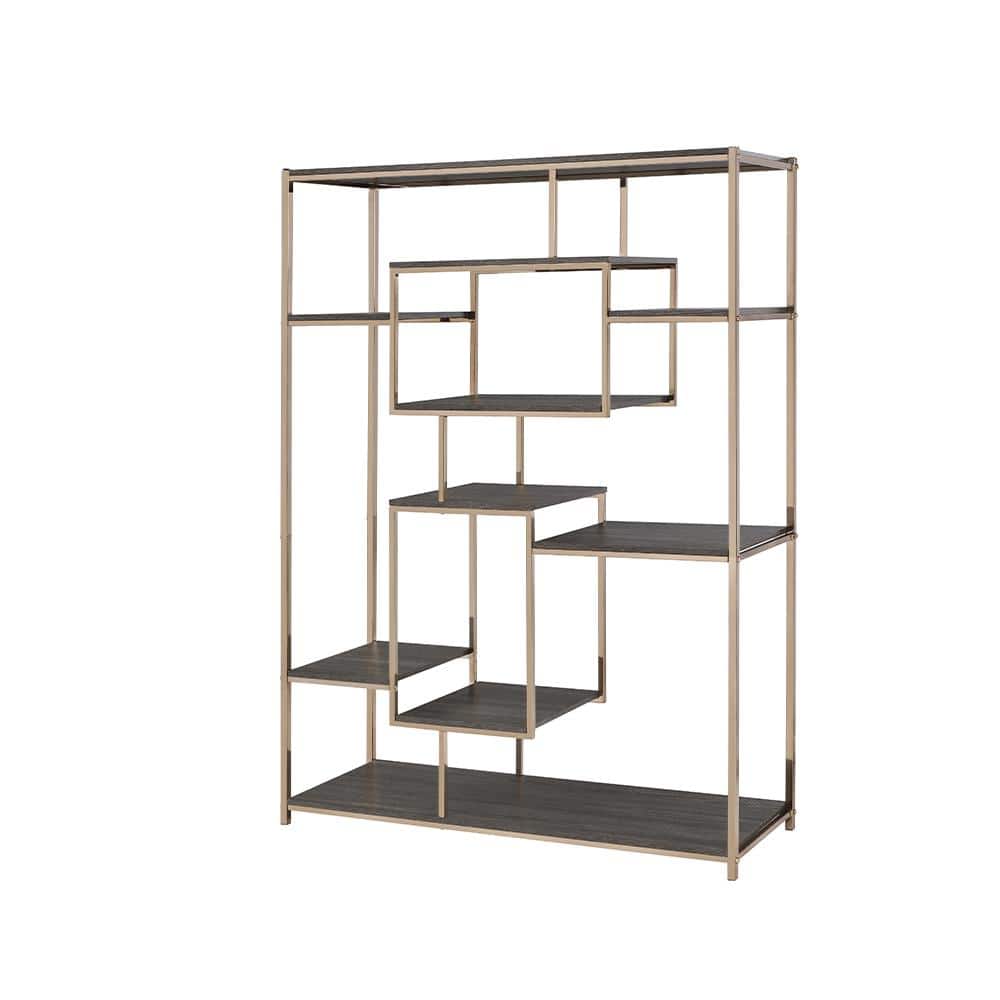 Acme Furniture Scaola 16 in. Rustic Gray Oak & Champagne Metal 9-Shelf ...
