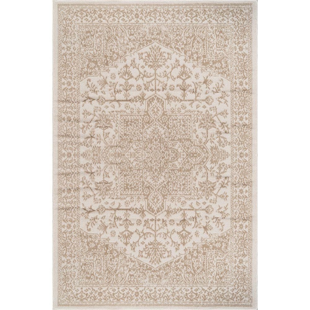 Beverly Rug Athena Beige 6 ft. x 9 ft. Rubber Back Washable Oriental ...