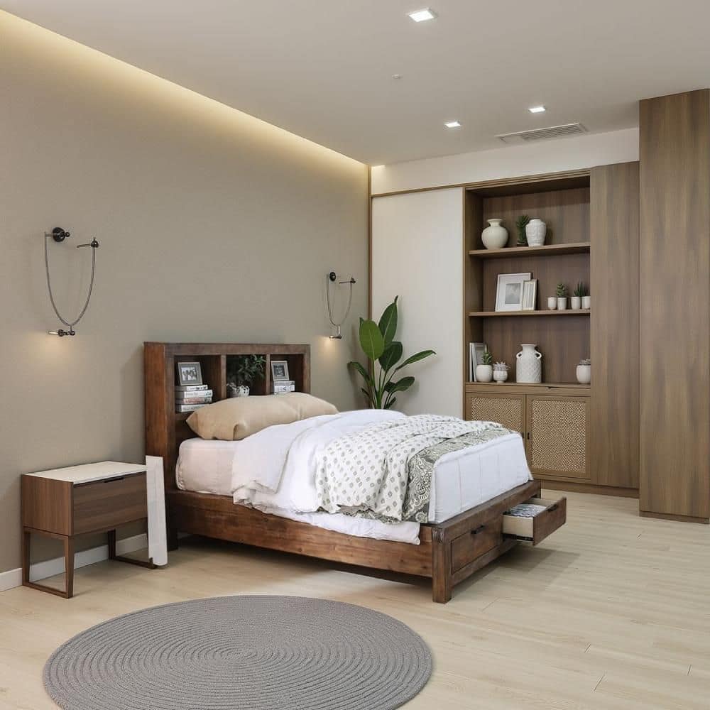 Benjara Eastern Brown Wood Frame King Size Panel Bed with Inbuilt USB ...