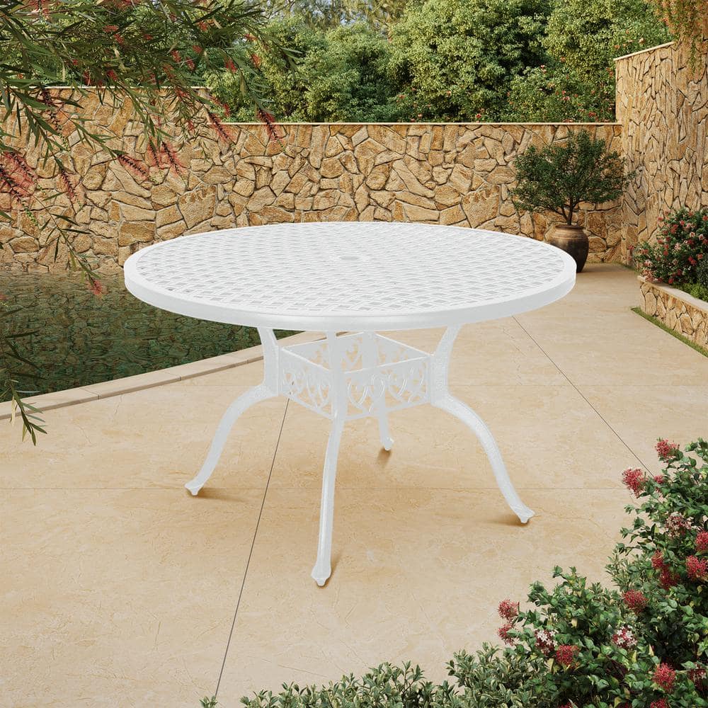 Clihome 47 in. Cast Aluminum Patio Round Dining Table with Umbrella ...