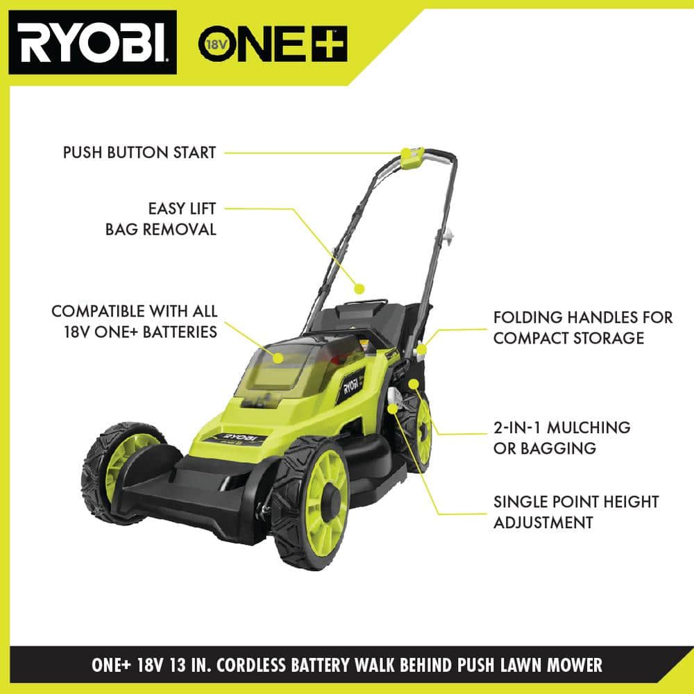 RYOBI P1180VNM ONE+ 18V 13 in. Cordless Battery Walk Behind Push Lawn ...