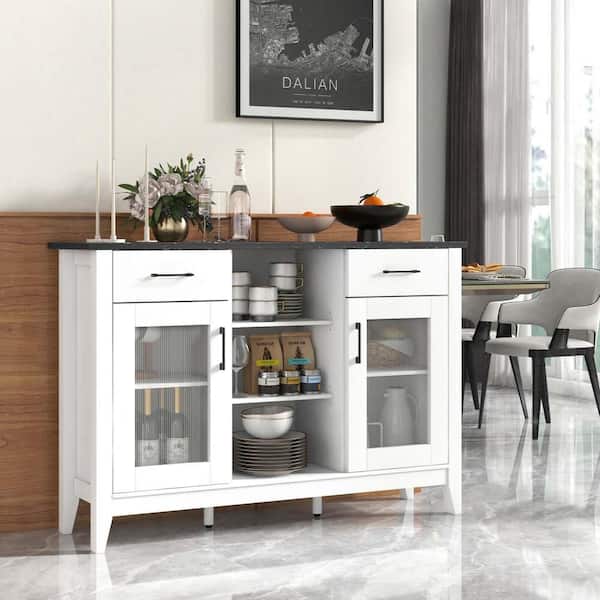 Costway White Faux Marble 52 in. Sideboard Buffet Cabinet with 2 ...