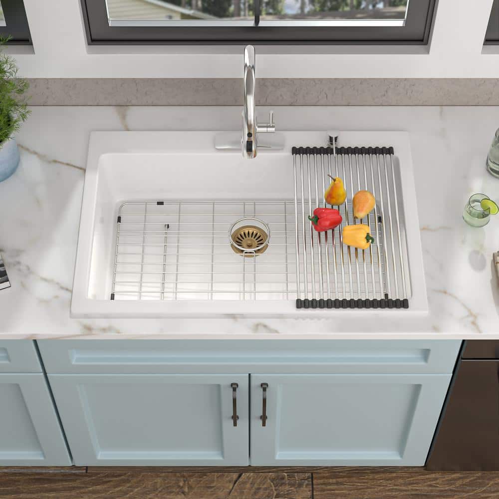 Logmey 33 in. Drop-In Single Bowl White Quartz Composite Kitchen Sink ...