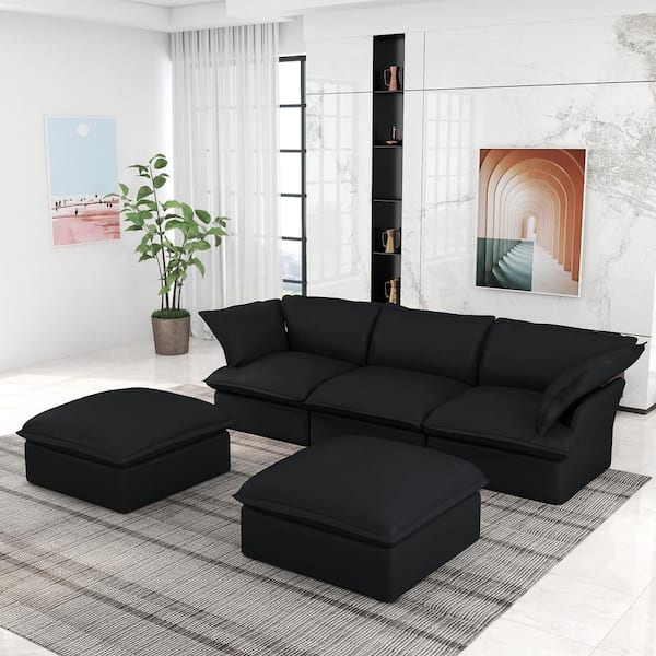 Magic Home 122 in. Flared Arm 5 Piece Linen U Shaped Sectional Sofa Overstuffed Deep Seat Cloud Couch with Storage Ottoman in Black MH 120BK 3 2