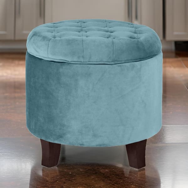 Benjara Blue and Brown Tufted Velvet Round Storage Ottoman Medium ...