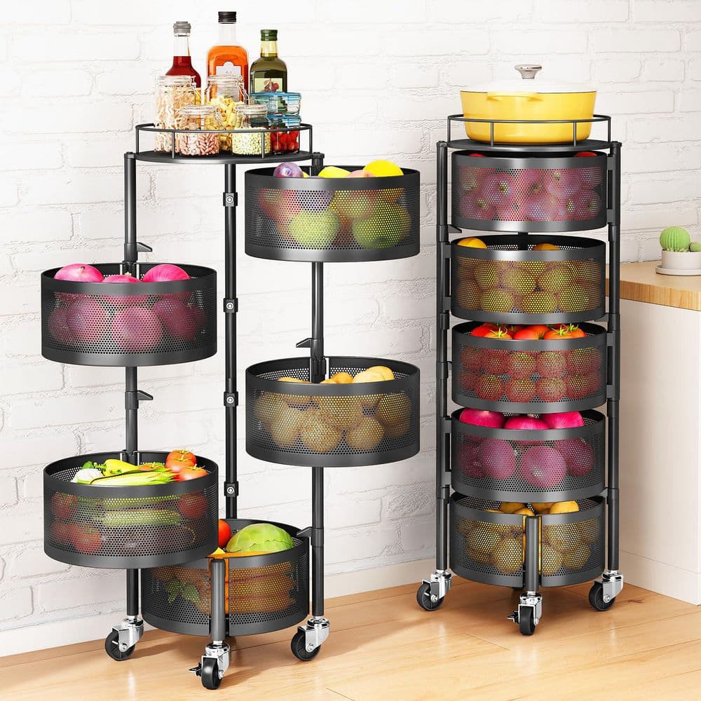 Wudkey 5-Tier Black Rotating Storage Rack Cart with Metal Top Lid ...