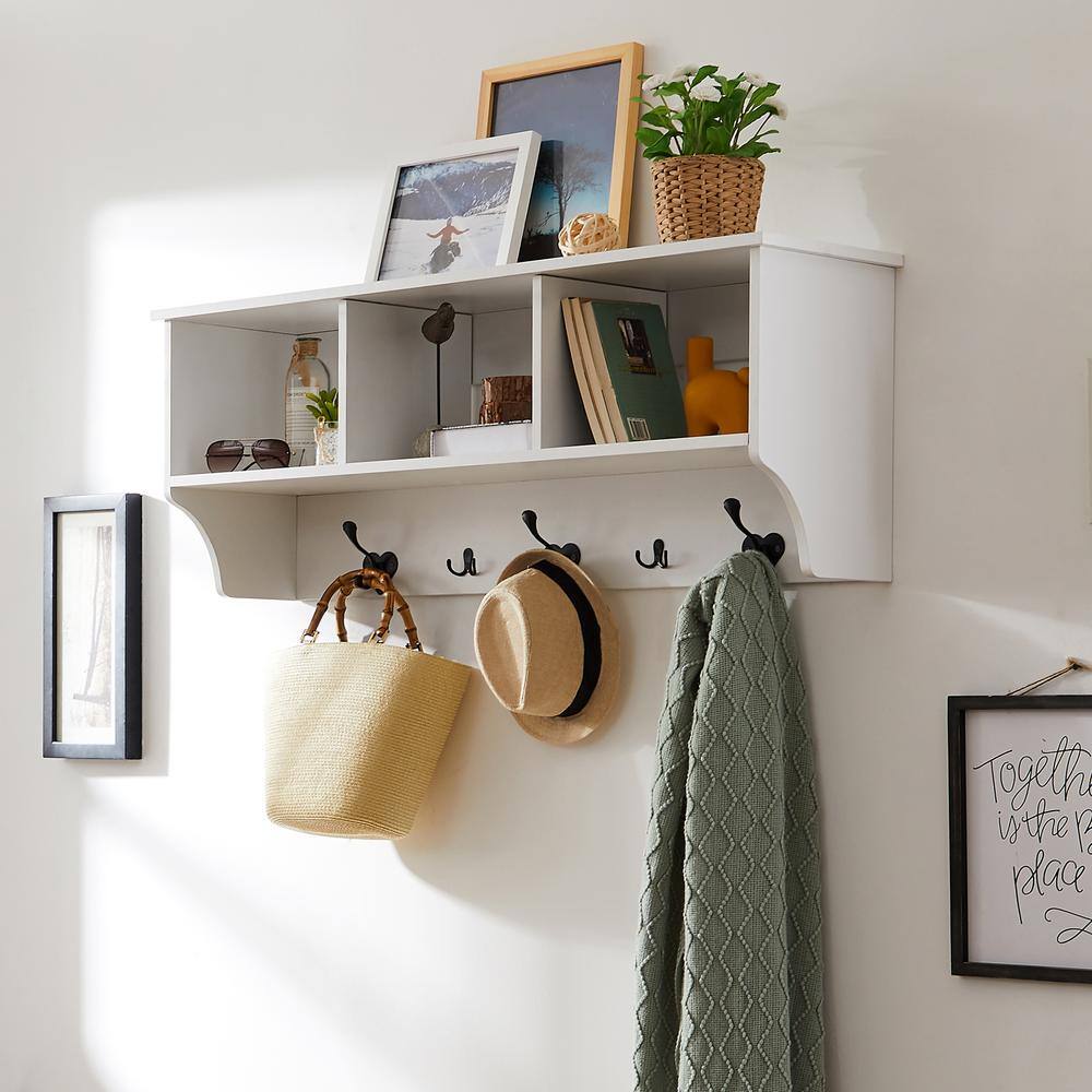 Home Beyond Troyes White 5 Hook Wall Mounted Coat Rack With Storage ...