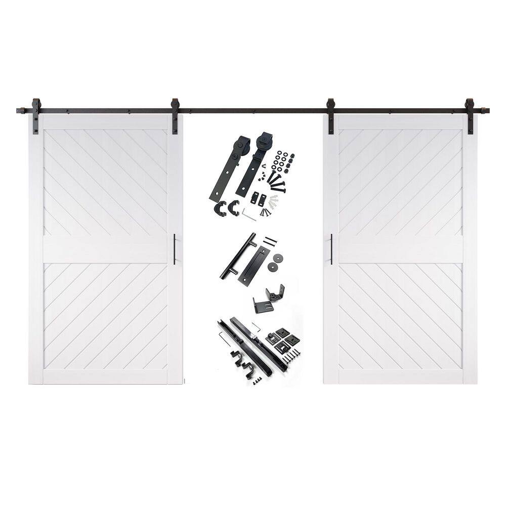 HOMACER XT4 50 in. x 84 in. C-Panel White Slanted Stripe Design Double Pine Wood Sliding Barn ...