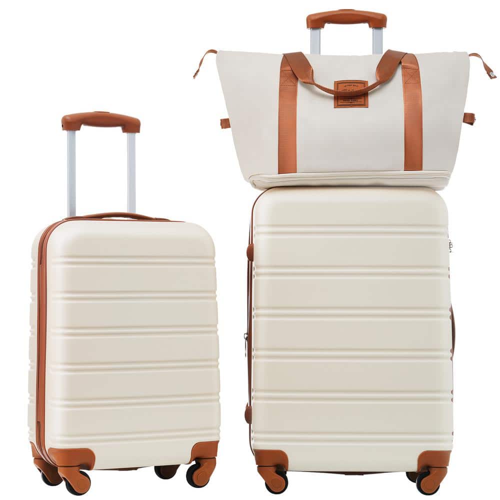 Merax 3-Piece White and Brown Expandable ABS Hardshell Spinner 20 in ...